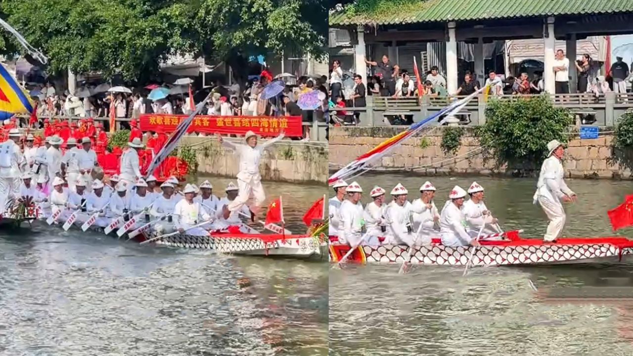 爸爸划龙舟，啦啦队儿子在岸上加油助威：前面有美女在等你_高清1080P在线观看平台_腾讯视频